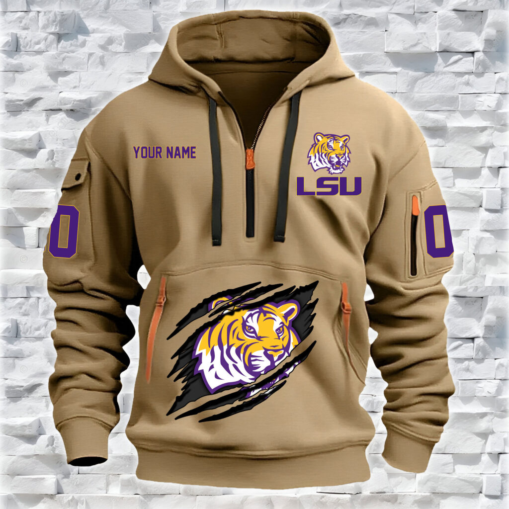 LSU TIGERS – Custom Name and Number Quarter Zip Hoodie – 98finan